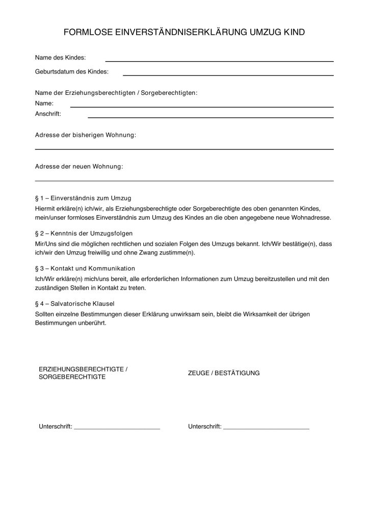 Formlose Einverständniserklärung Umzug Kind